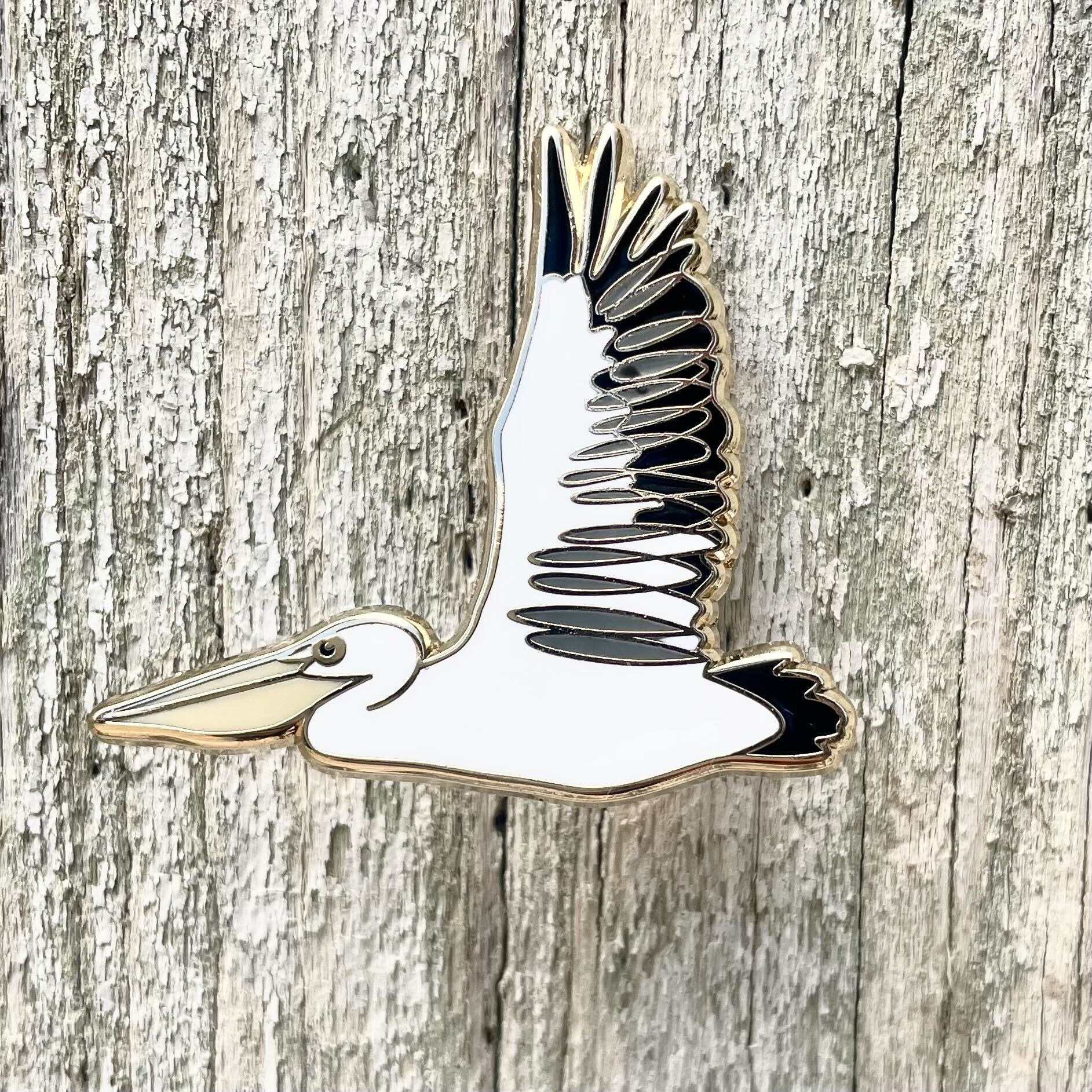 Pelican in Flight Enamel Pin – Bridget Farmer